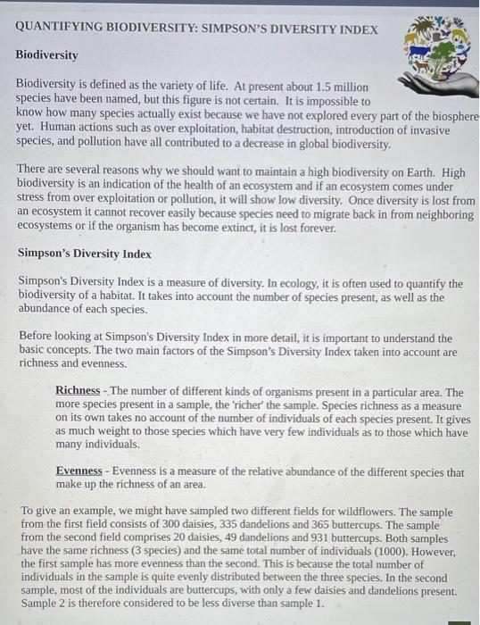 Solved QUANTIFYING BIODIVERSITY: SIMPSON'S DIVERSITY INDEX | Chegg.com