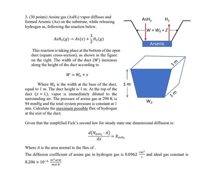 Solved 1 m 3. (30 points) Arsine gas (AsHz) vapor diffuses | Chegg.com