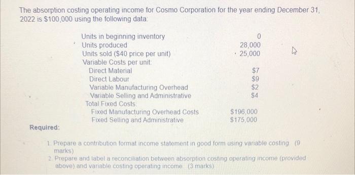 Solved The absorption costing operating income for Cosmo | Chegg.com