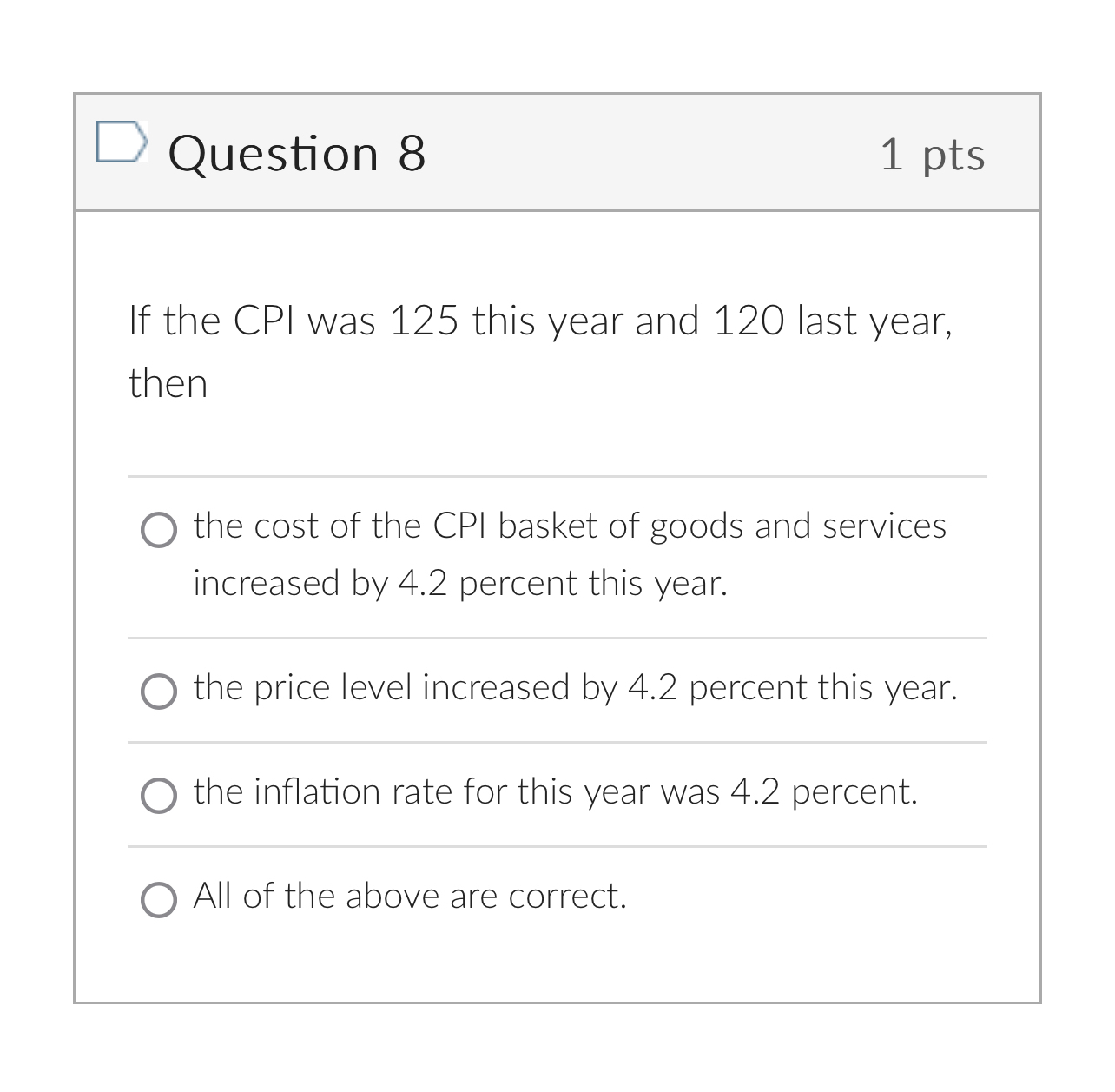 Solved Question 81 ﻿ptsIf the CPI was 125 ﻿this year and 120 | Chegg.com