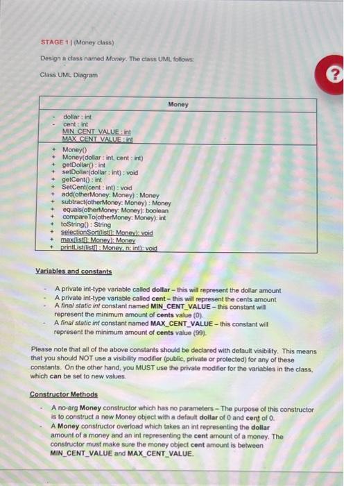 Solved STAGE 1. (Money closs) Design an class named Money. | Chegg.com