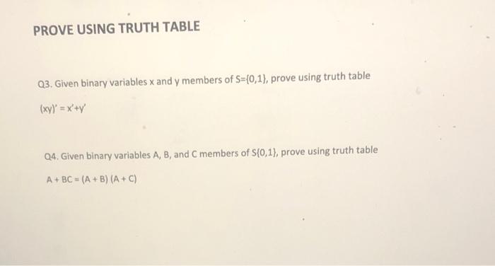 Solved PROVE USING TRUTH TABLE Q3. Given binary variables x | Chegg.com