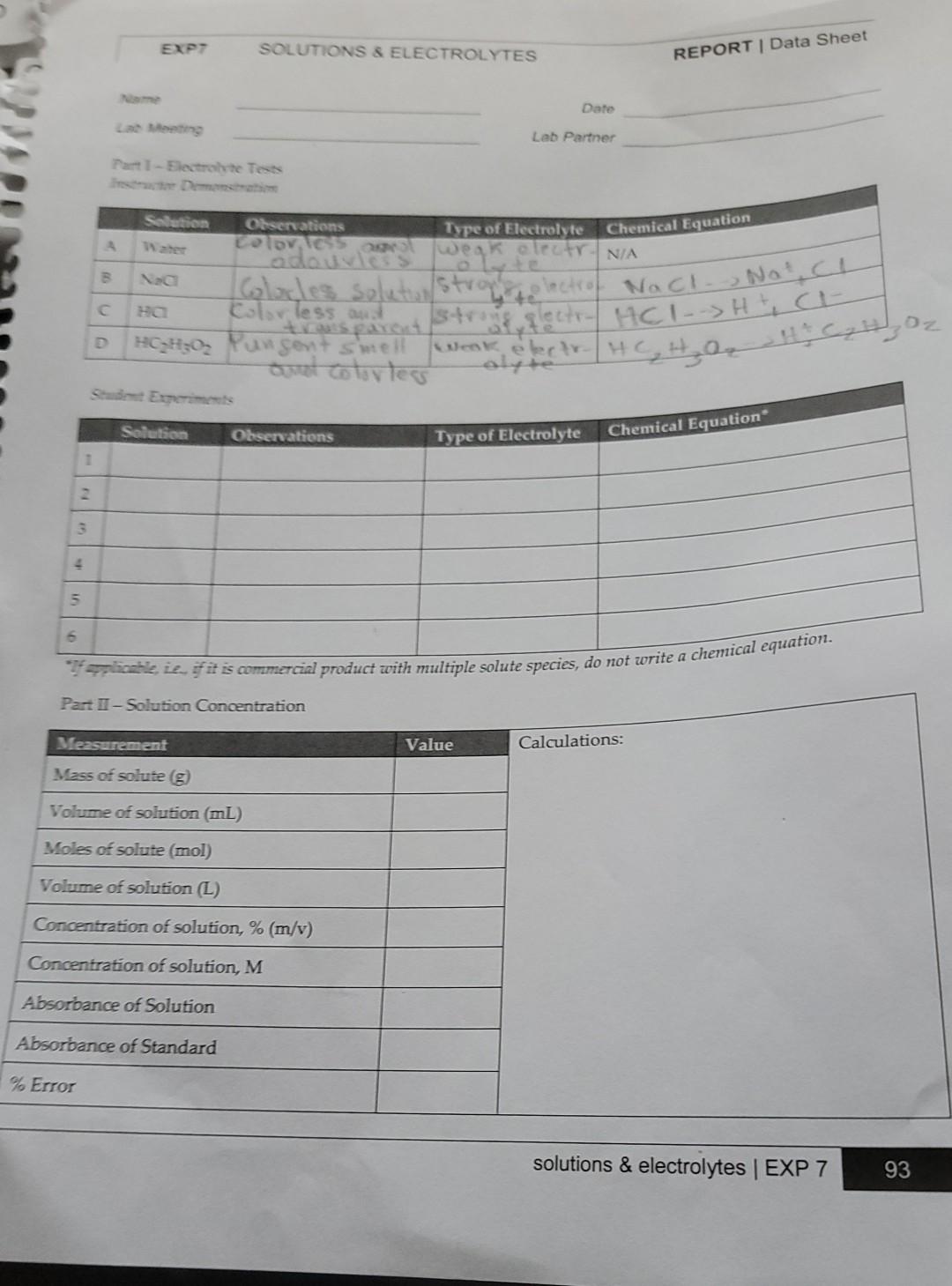 EXP SOLUTIONS & ELECTROLYTES REPORT | Data Sheet Date | Chegg.com