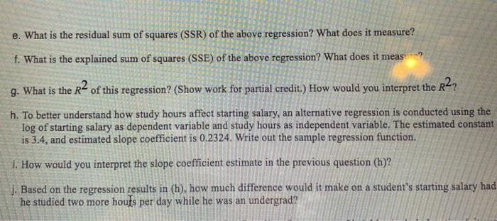 Solved e. What is the residual sum of squares (SSR) of the | Chegg.com