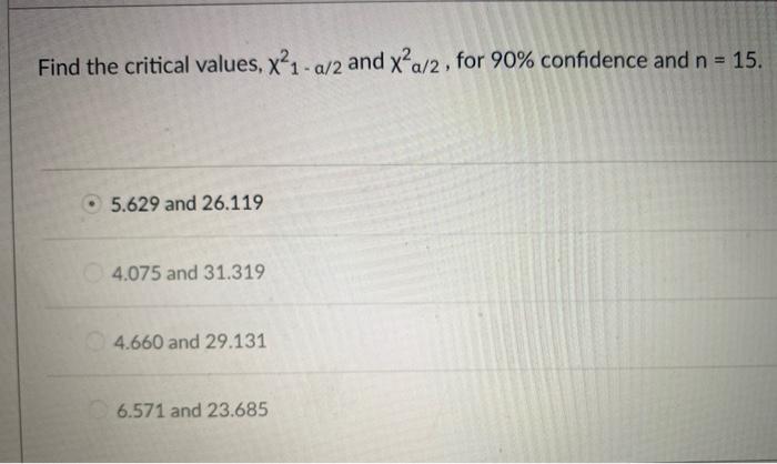 Solved Find the critical values, x?1 -a/2 and x?a/2, for 90% | Chegg.com Solved Find the critical values, x?1 -a/2 and x?a/2, for 90% | Chegg.com