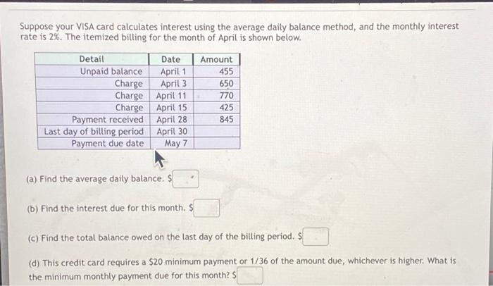 Solved Suppose your VISA card calculates interest using the | Chegg.com