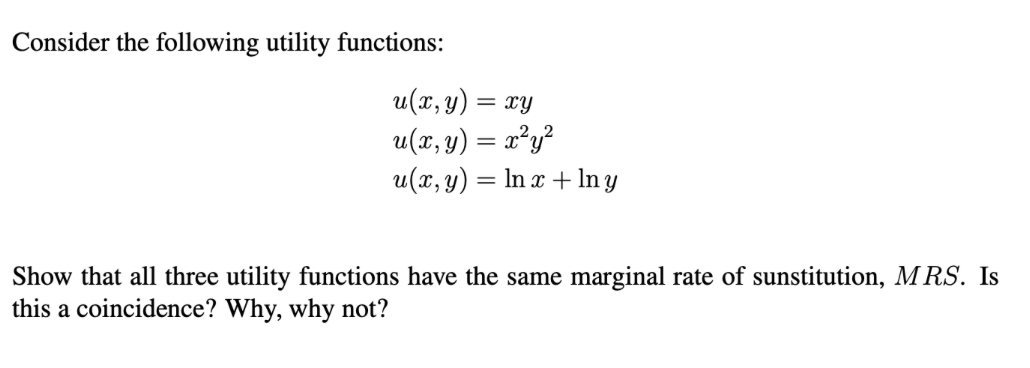 Solved Consider the following utility | Chegg.com