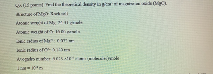 Solved Q3. (15 points) Find the theoretical density in g/cm | Chegg.com
