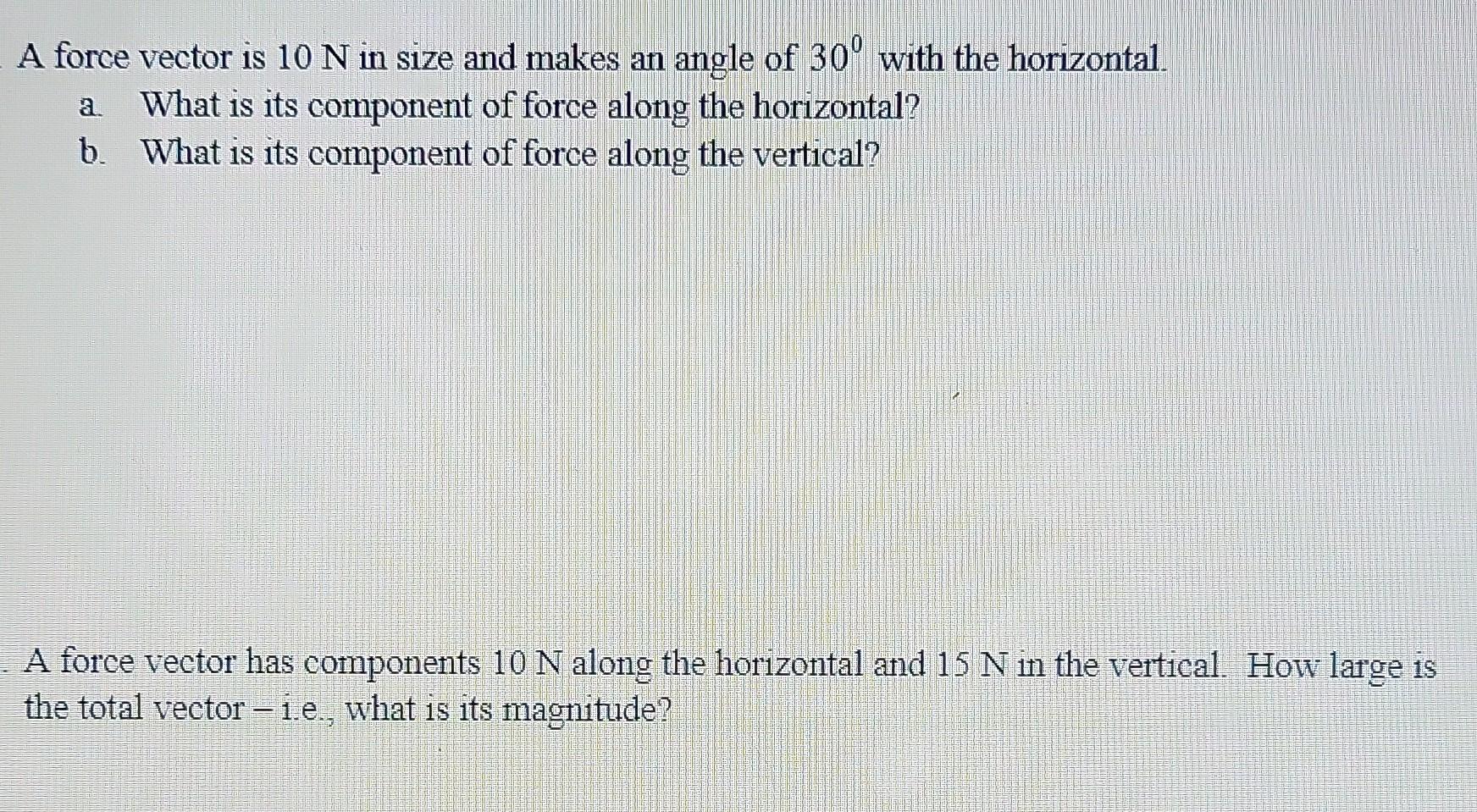 Solved A force vector is 10 N in size and makes an angle of | Chegg.com