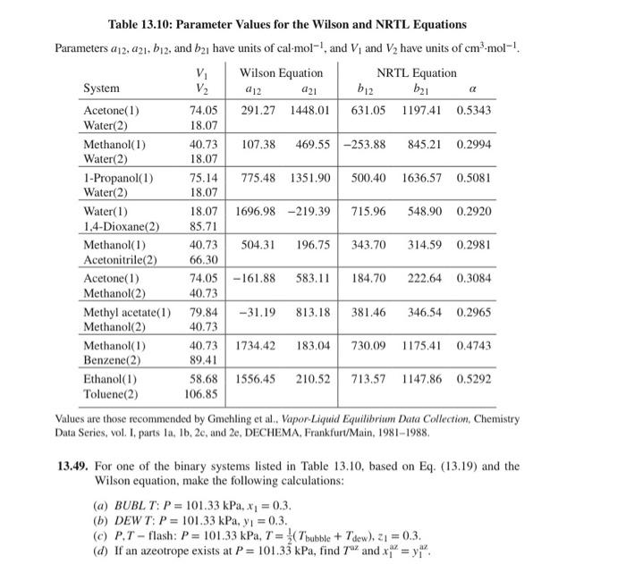 Table 13.10: Parameter Values for the Wilson and NRTL | Chegg.com