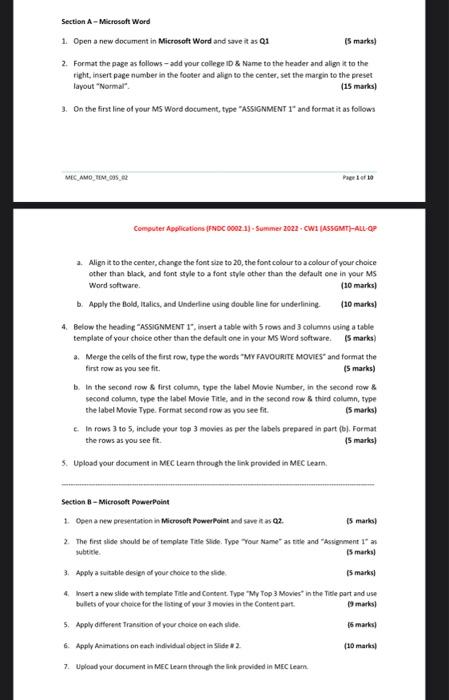 Solved Section A - Microsoft Word 1. Open a new document in | Chegg.com