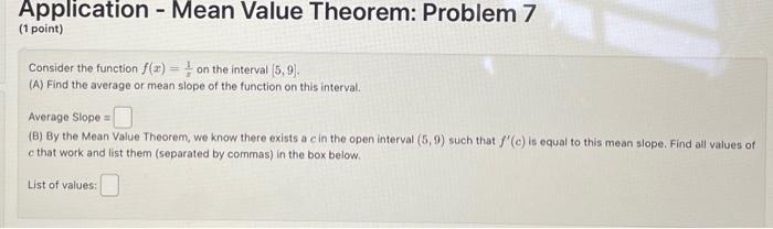Application - Mean Value Theorem: Problem 6 (1 point) | Chegg.com