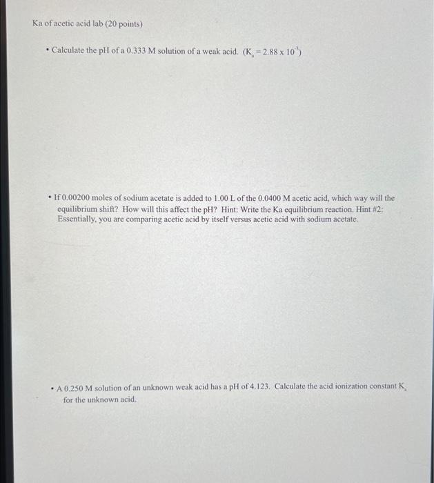 Solved Ka of acetic acid lab ( 20 points) - Calculate the pH | Chegg.com