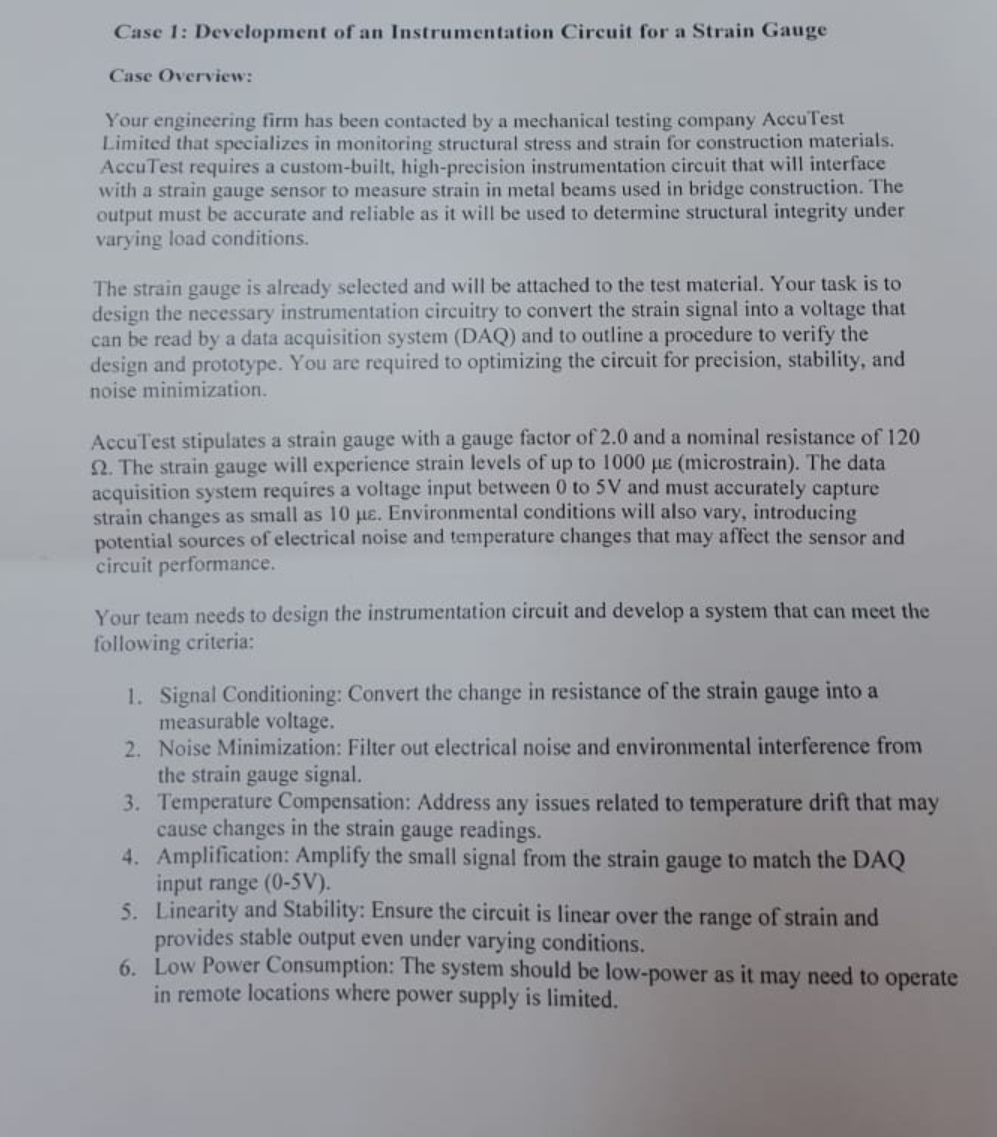 Solved Case 1: Development of an Instrumentation Circuit for | Chegg.com