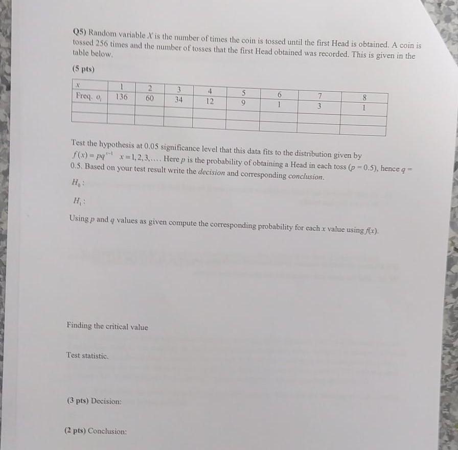 Solved Q5) Random variable X is the number of times the coin | Chegg.com