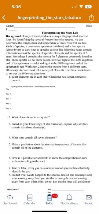 Name: Bloc k: Eingerprinting the Stars Lab | Chegg.com