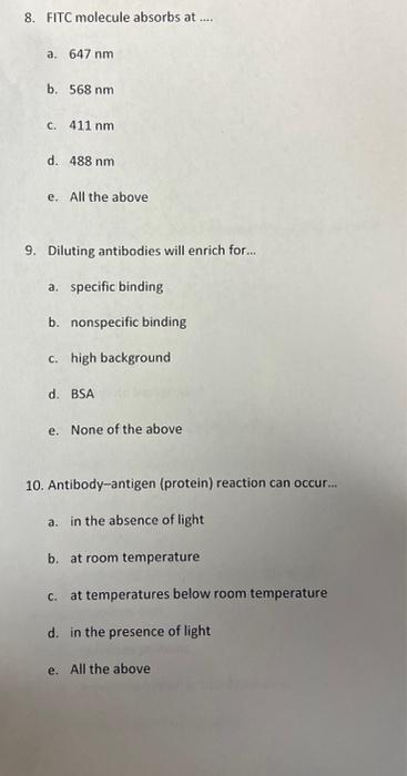 Solved 8. FITC molecule absorbs at .... a. 647 nm b. 568 nm | Chegg.com