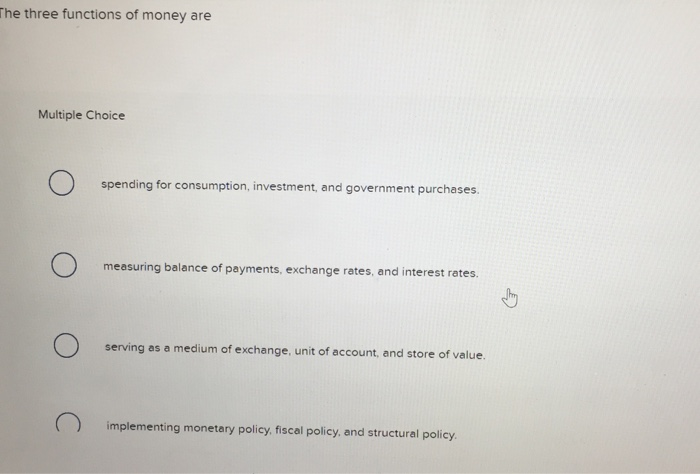 Solved The three functions of money are Multiple Choice | Chegg.com