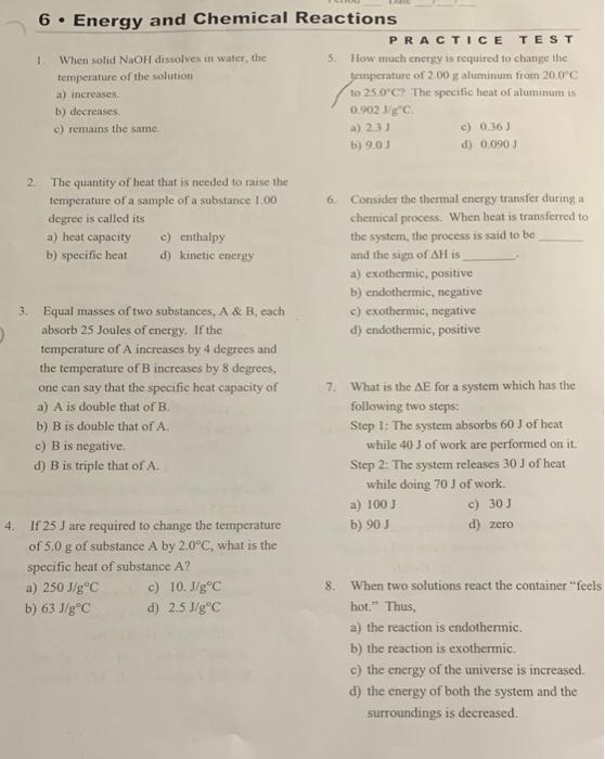 Solved 6. Energy and Chemical Reactions PRACTICE TEST ! When | Chegg.com