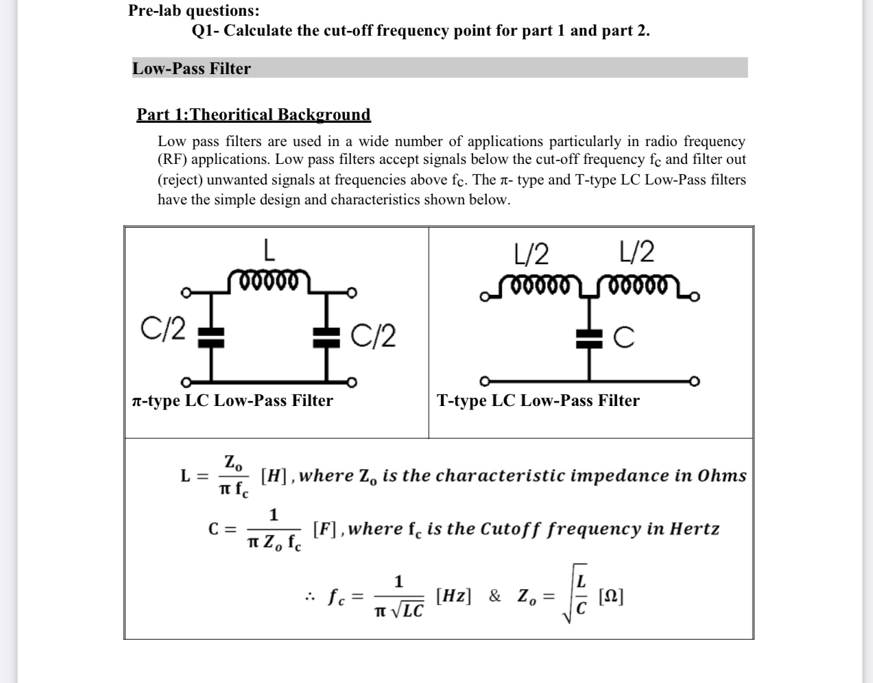 Solved Pre-lab questions:Q1- ﻿Calculate the cut-off | Chegg.com