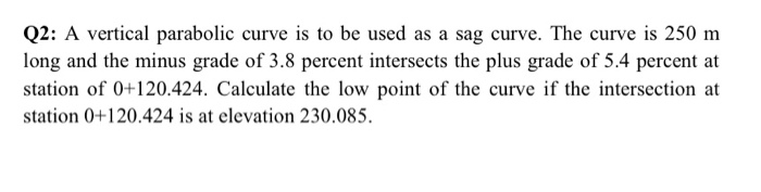 Solved Q2: A vertical parabolic curve is to be used as a sag | Chegg.com