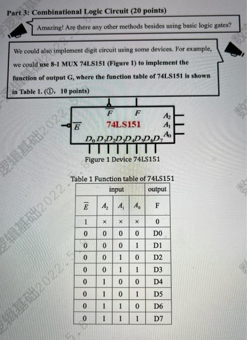 Solved Part 3: Combinational Logic Circuit (20 points) | Chegg.com