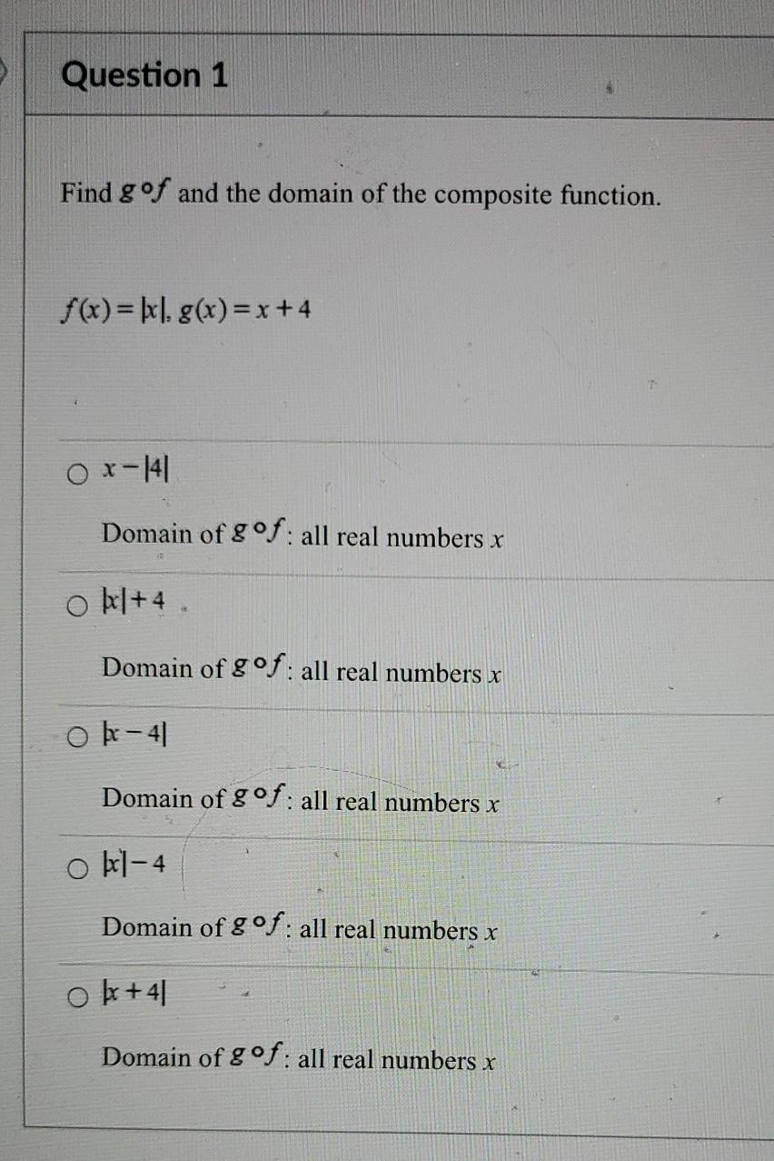 Solved Question 1 Find gof and the domain of the composite | Chegg.com