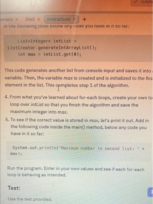 Solved My code currently is for (Integer max : intList) | Chegg.com