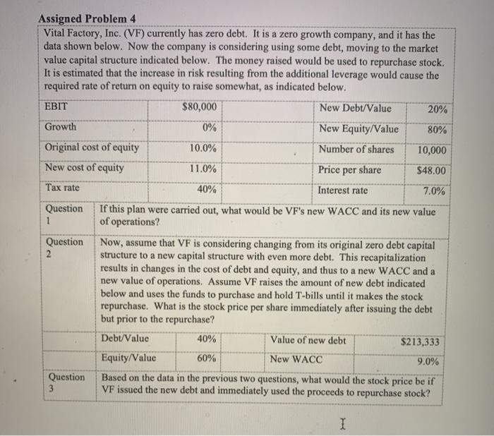 Solved Assigned Problem 4 Vital Factory, Inc. (VF) currently | Chegg.com