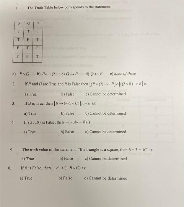 Solved 1 The Truth Table below corresponds to the statement | Chegg.com