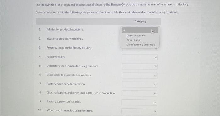 Solved The following is a list of costs and expenses usually | Chegg.com