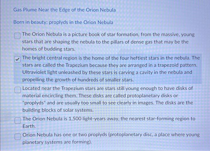 Solved Gas Plume Near the Edge of the Orion Nebula Born in | Chegg.com