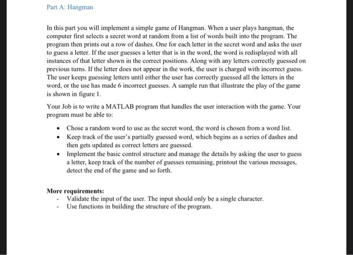 Solved Part A: Hangman In this part you will implement a | Chegg.com