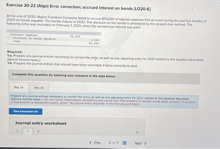 Solved Exercise 20-22 (Algo) Error correction; accrued | Chegg.com