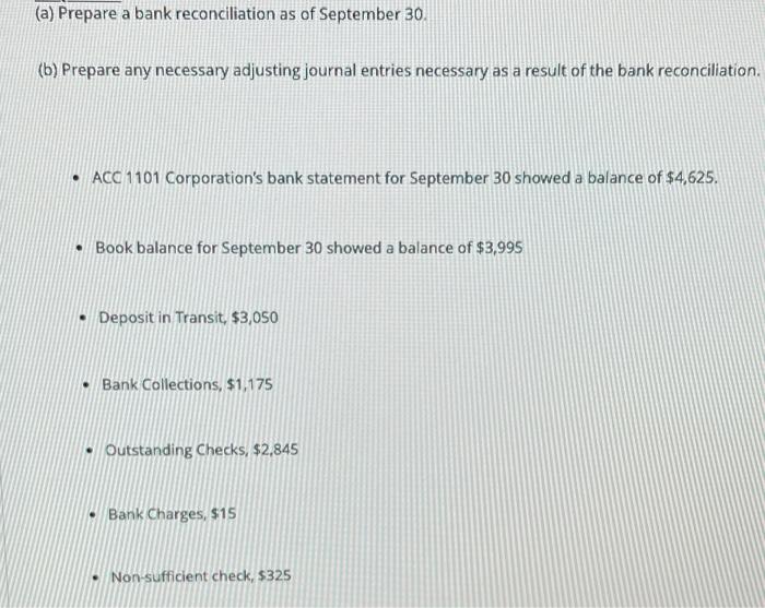 Solved (a) Prepare a bank reconciliation as of September 30. | Chegg.com