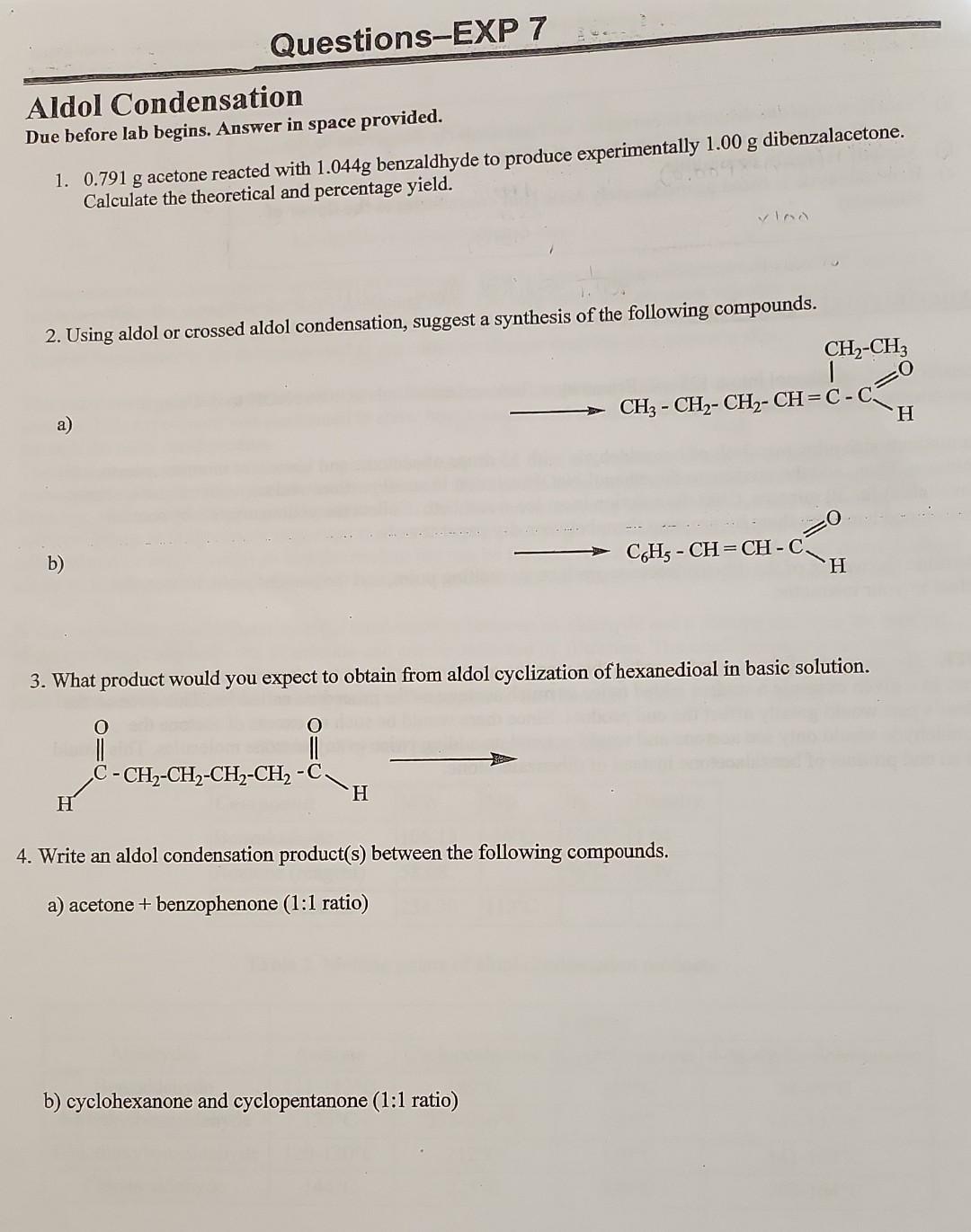 Solved Aldol Condensation Due before lab begins. Answer in | Chegg.com