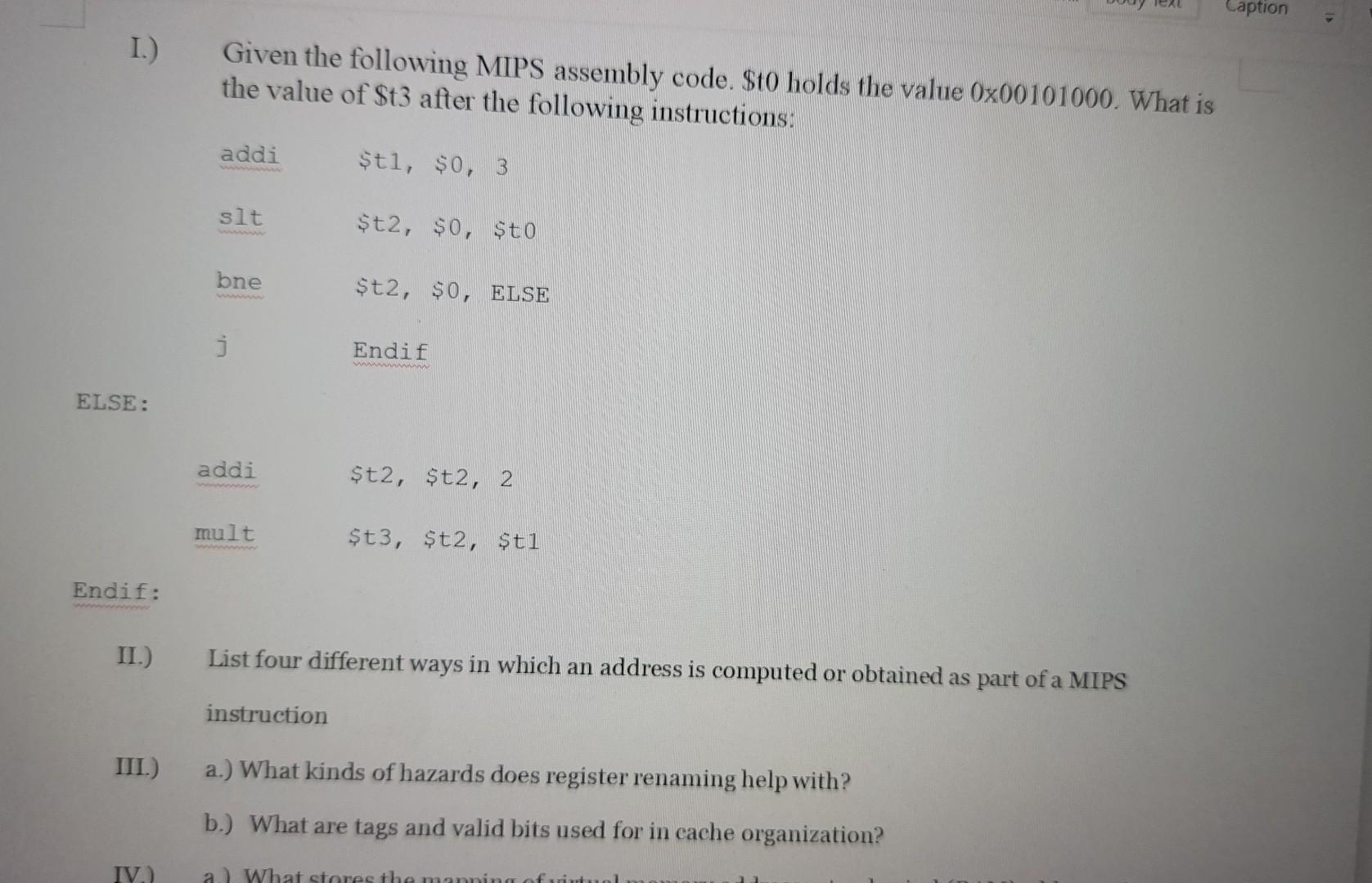 I.) Given the following MIPS assembly code. $ to | Chegg.com