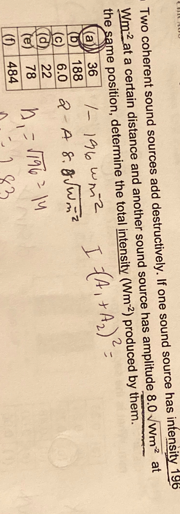 Solved Two coherent sound sources add destructively. If one | Chegg.com