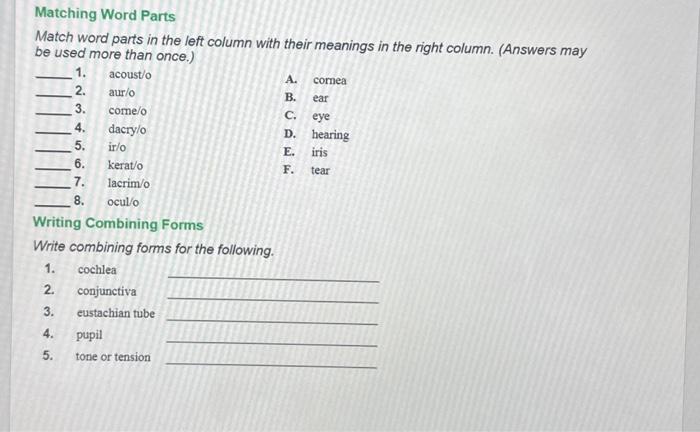 Solved Matching Word Parts Match word parts in the left | Chegg.com