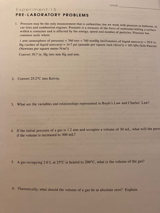 Solved NAME Experiment 15 PRE-LABORATORY PROBLEMS 1. | Chegg.com