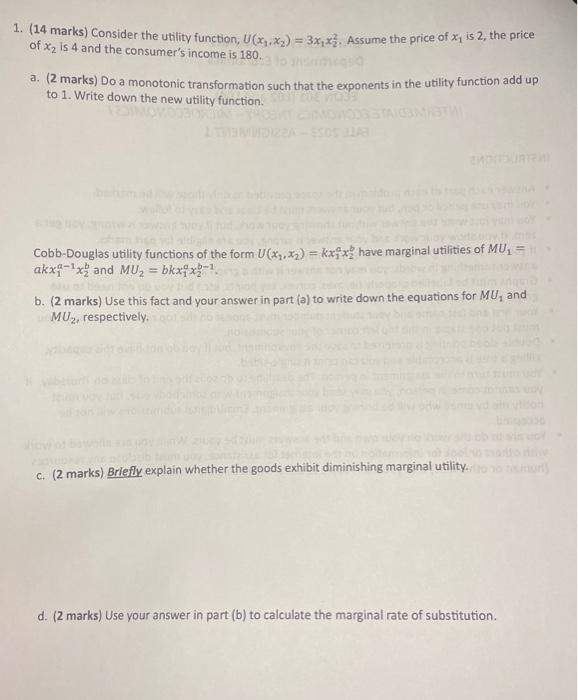 Solved 1. (14 marks) Consider the utility function, | Chegg.com