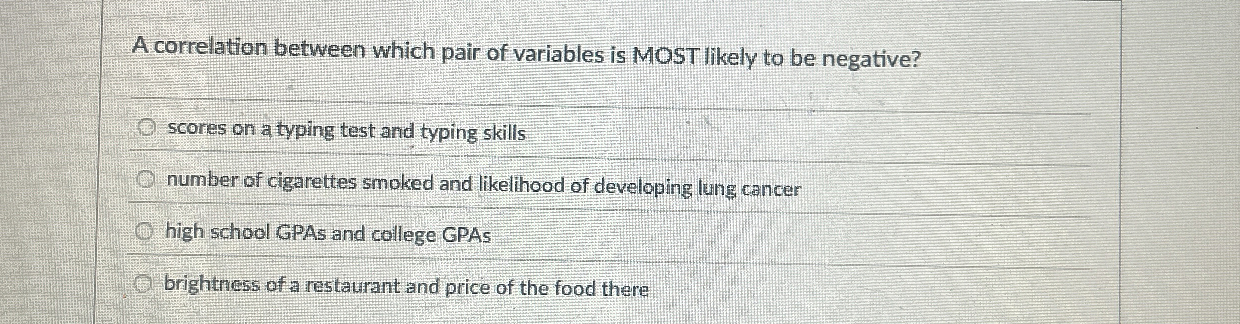 Solved A correlation between which pair of variables is MOST | Chegg.com