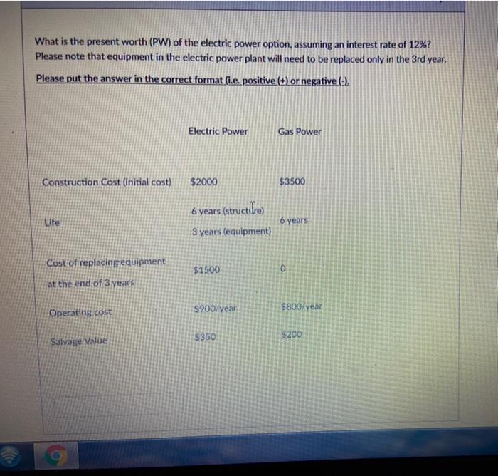 Solved What is the present worth (PW) of the electric power | Chegg.com