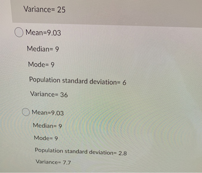 Solved Find the mean, median, mode, population standard | Chegg.com