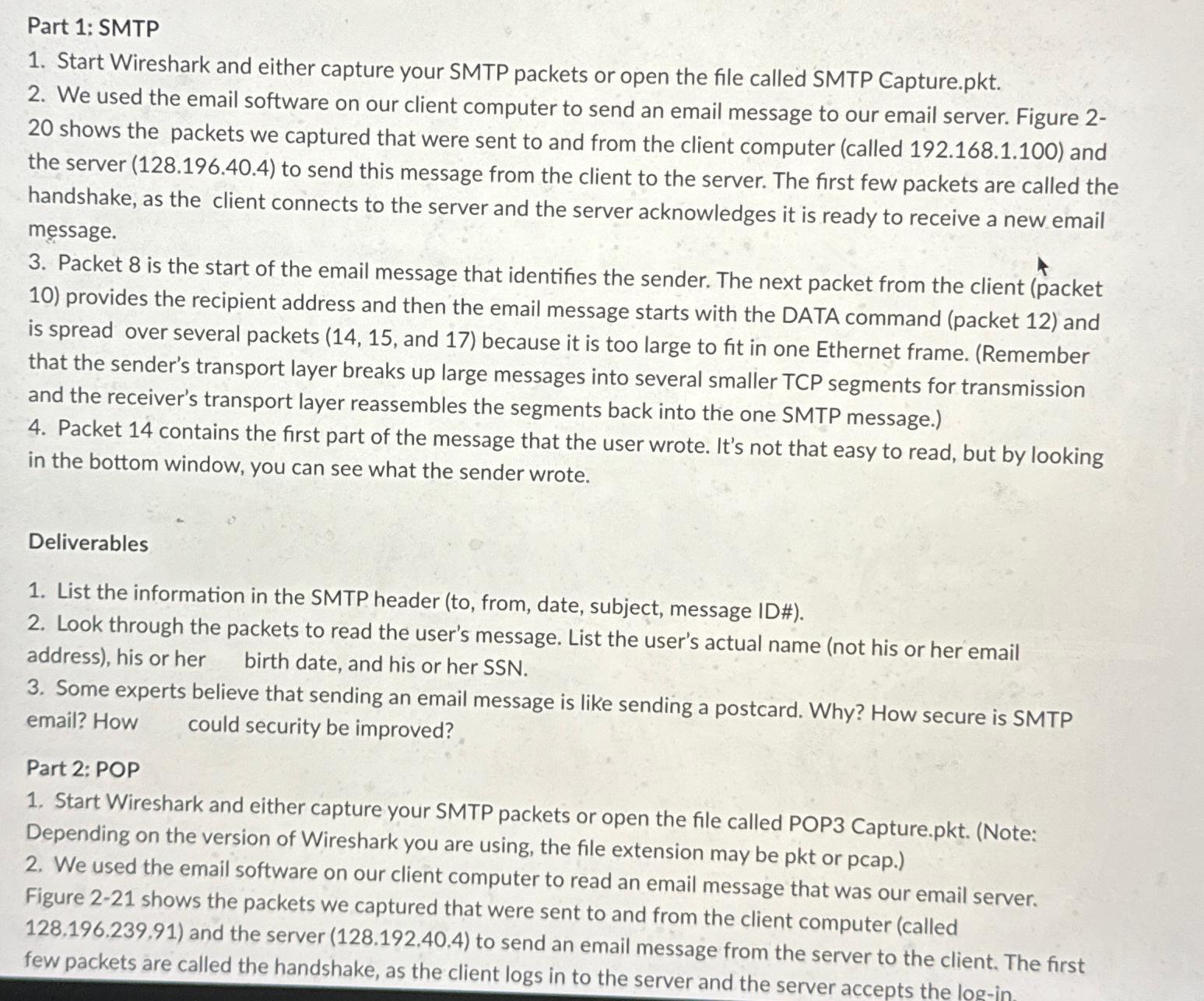 Solved Part 1: SMTPStart Wireshark and either capture your | Chegg.com