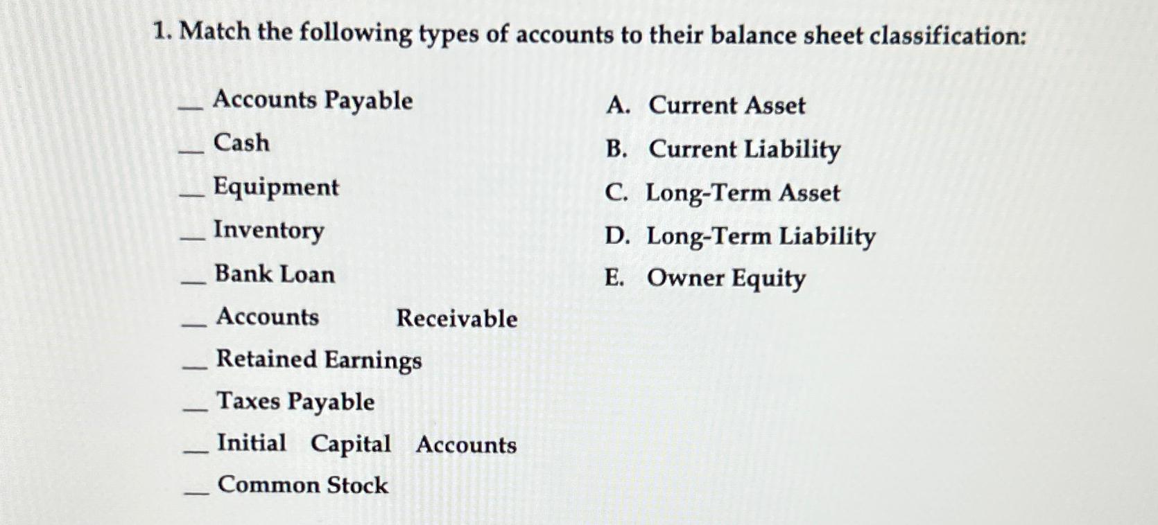 Solved Match the following types of accounts to their | Chegg.com