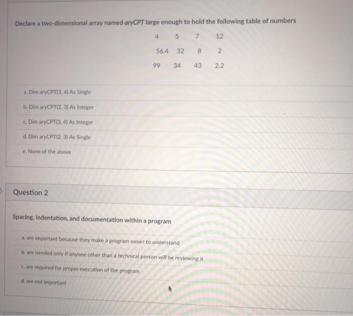 Solved Declare a two-dimensional array named aryCPT large | Chegg.com