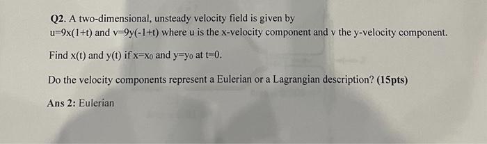 Solved Q2. A two-dimensional, unsteady velocity field is | Chegg.com