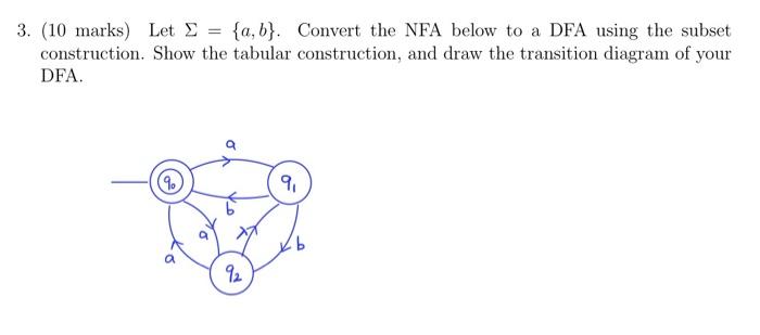 Solved 3. (10 marks) Let Σ={a,b}. Convert the NFA below to a | Chegg.com