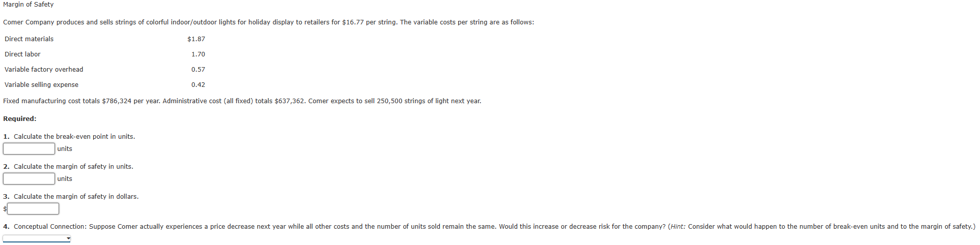 Solved Margin of SafetyComer Company produces and sells | Chegg.com